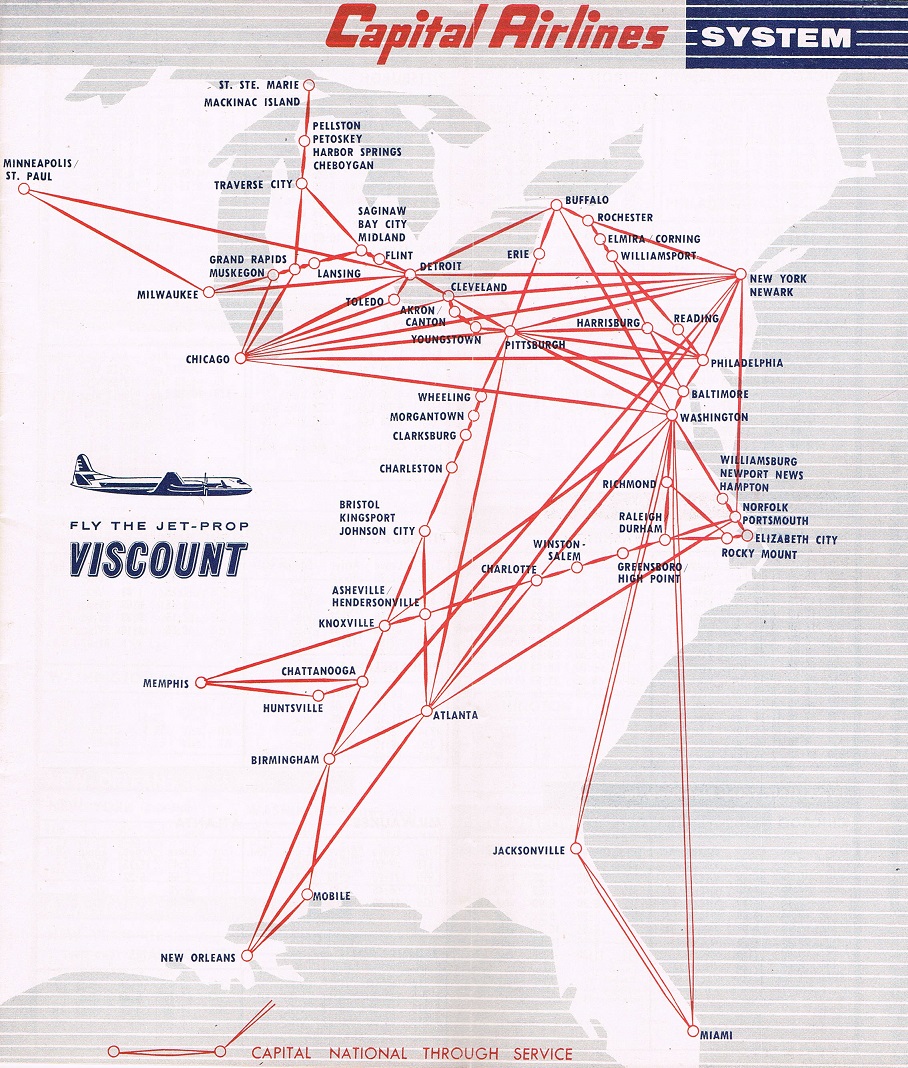 Capital Airlines April 1, 1958 Route Map