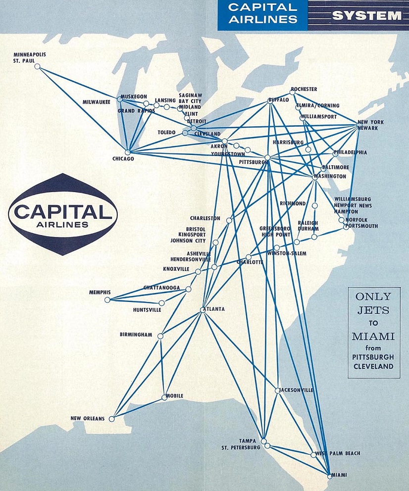 Capital Airlines June 1, 1961 Route Map