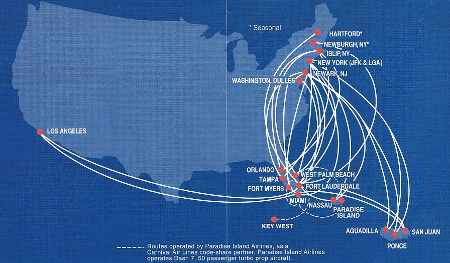 Carnival Air Lines December 19, 1996 Route Map