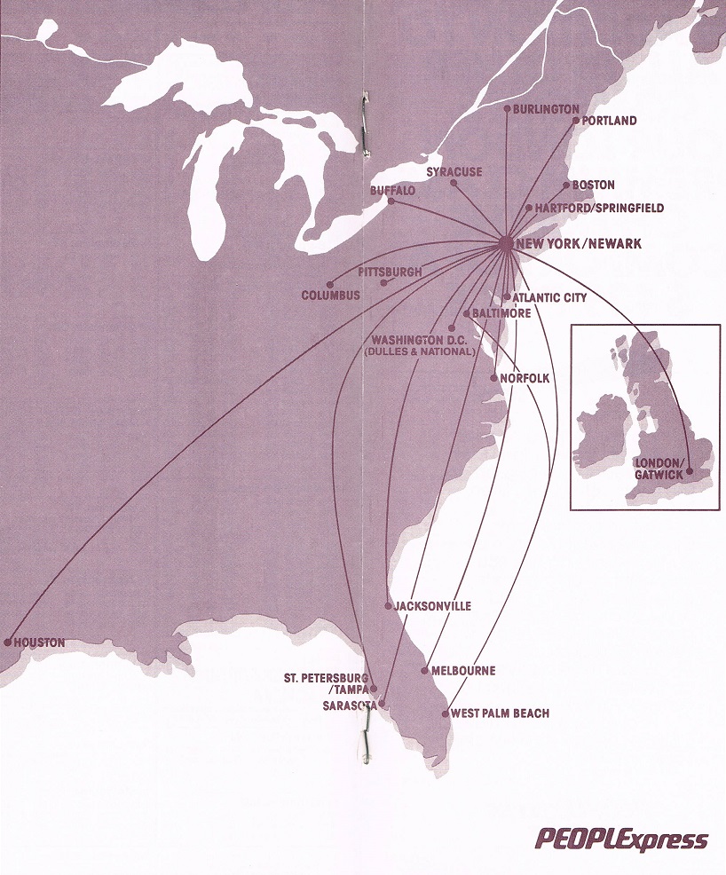 People Express Airlines February 1, 1984 Route Map