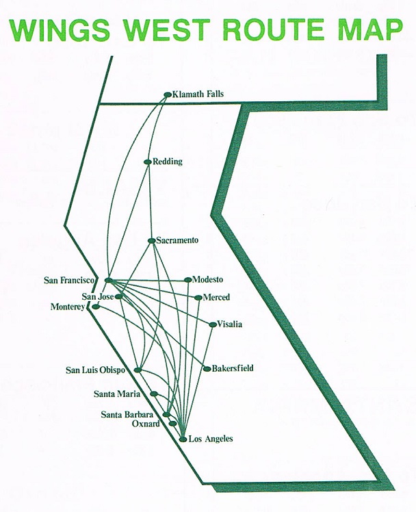 Wings West Airlines January 12, 1986 Route Map