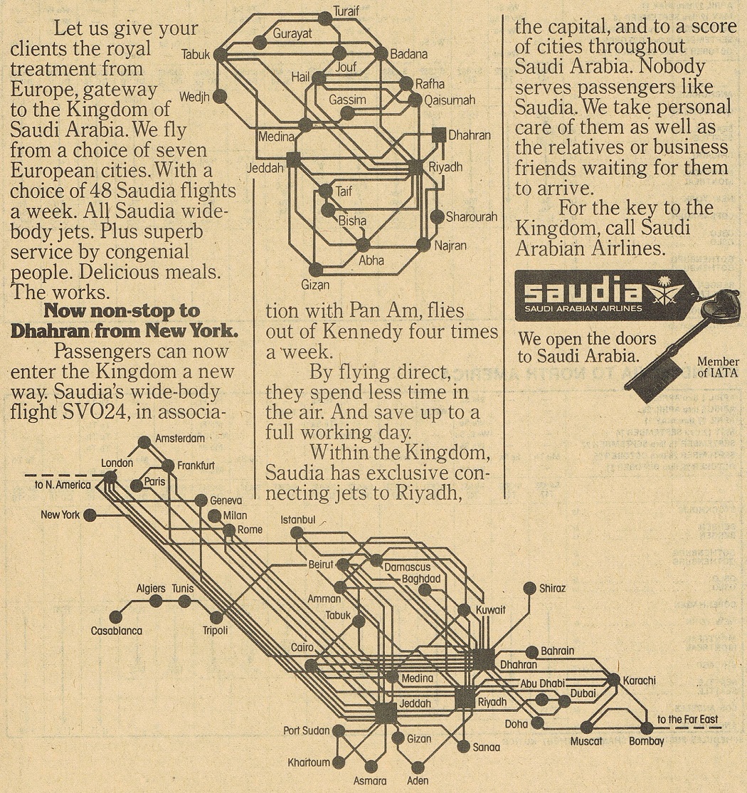 Saudi Arabian Airlines March 1980 Route Map
