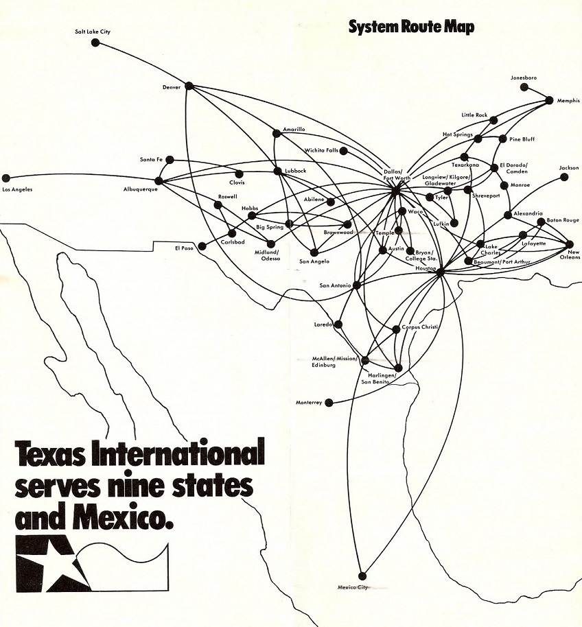 Texas International Airlines April 1, 1973 Route Map