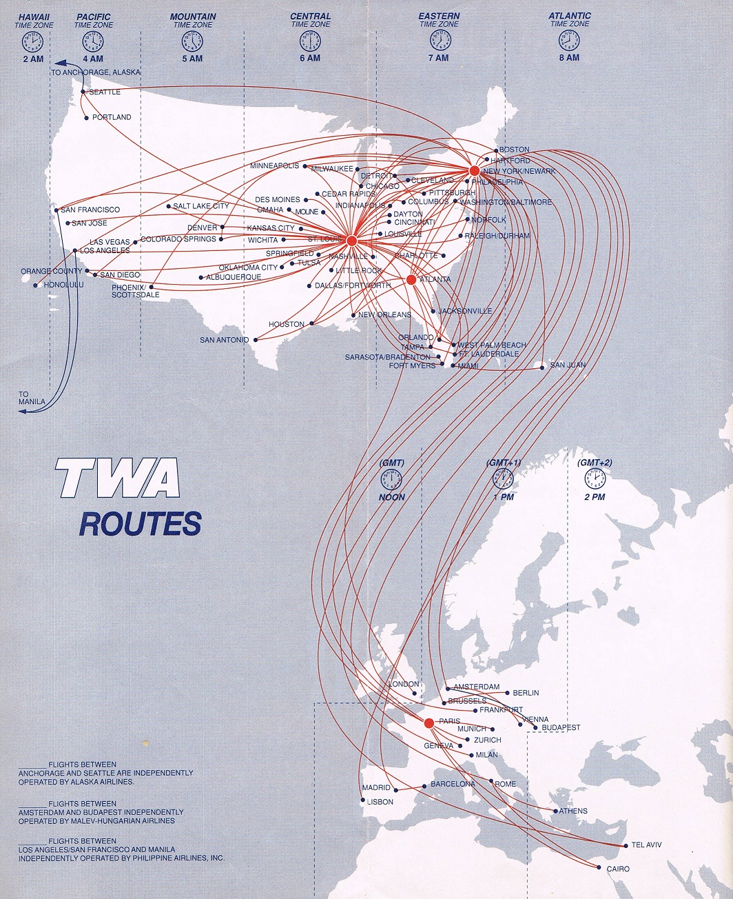 Trans World Airlines December 16, 1992 Route Map