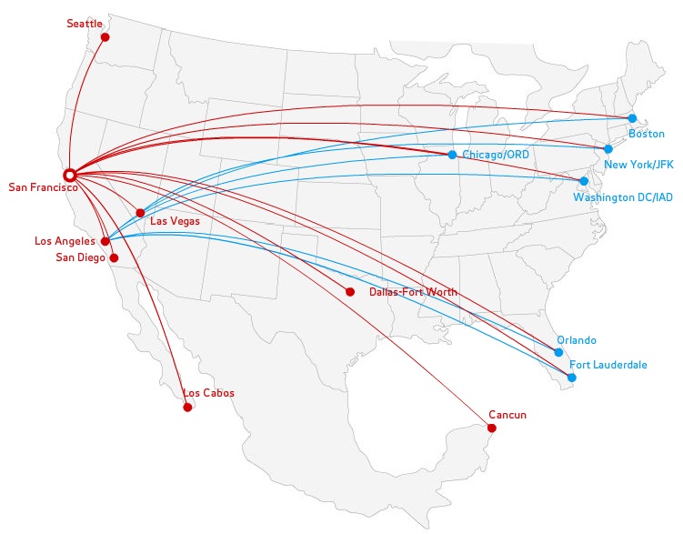 Virgin America Airlines April 7, 2011 Route Map