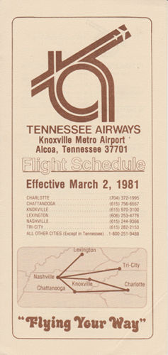 Tennessee Airways March 2, 1981 Route Map
